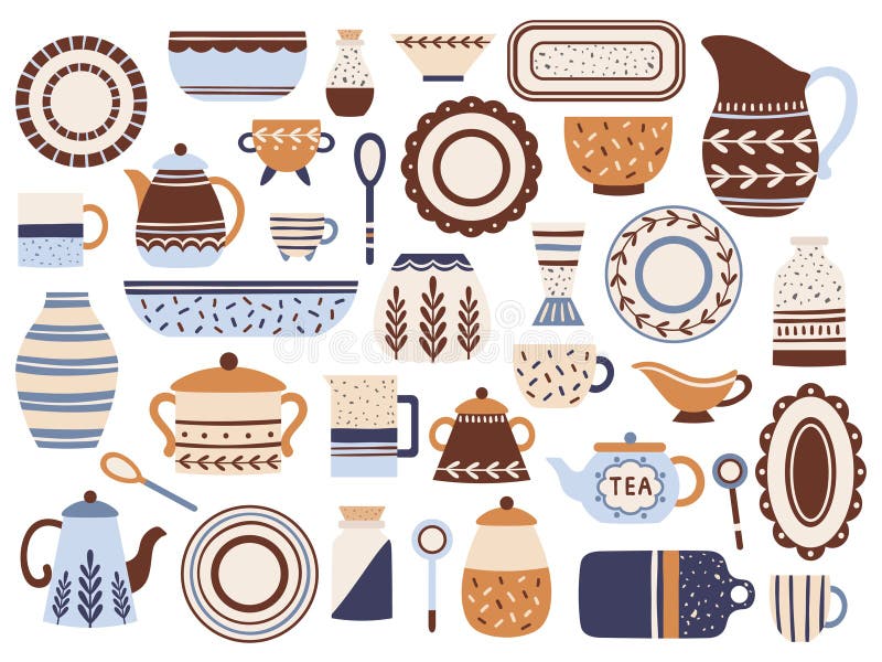 Kitchen Crockery. Ceramic Cookware, Porcelain Cups and Glassware Jar ...