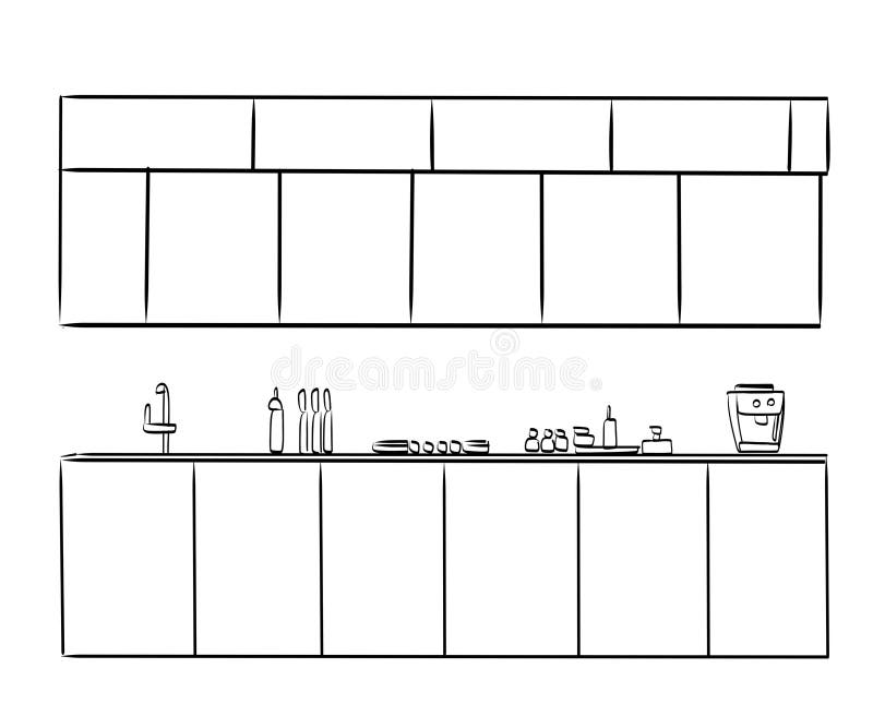 Kitchen Interior Drawing, Vector Illustration. Dinner Table Sketch ...