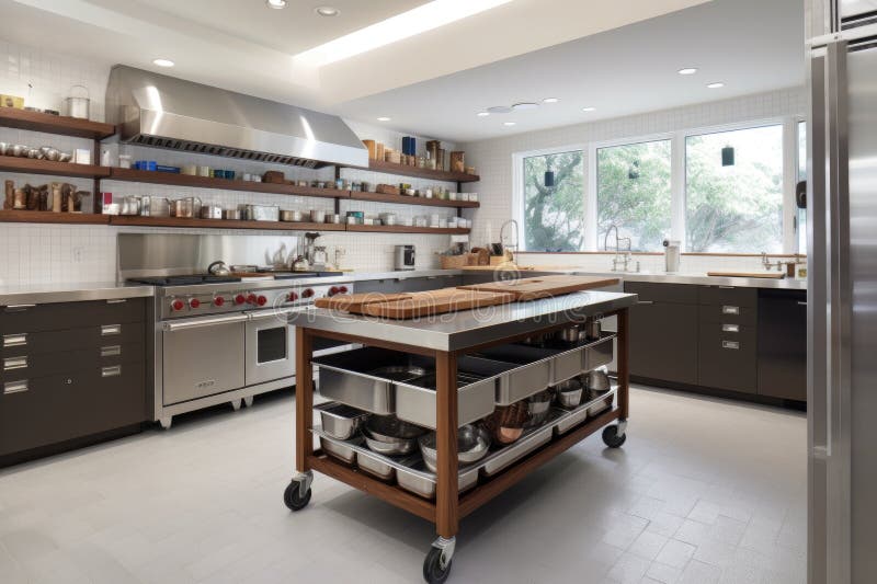 Kitchen with Custom-built Cooking Stations and Rolling Carts for Easy ...