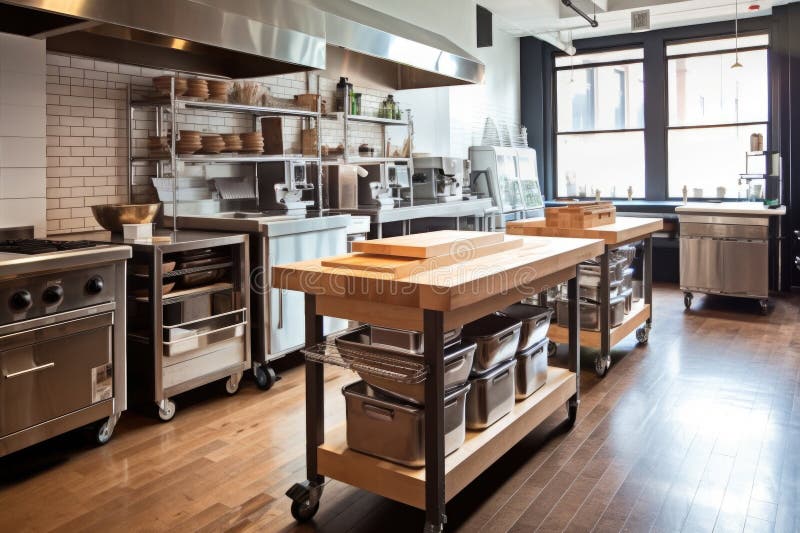 Kitchen with Custom-built Cooking Stations and Rolling Carts for Easy ...