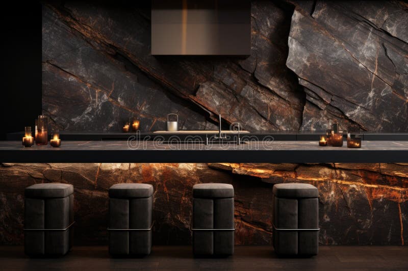 A Kitchen with a Dark Marble Counter and Bar Stools, AI Stock ...