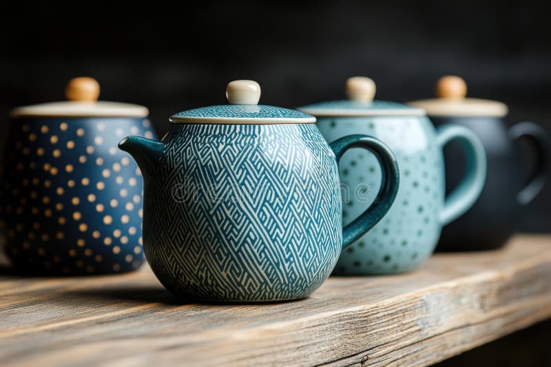 Kitchen Decor, Assorted Designer Tea Sets on Rustic Wooden Shelf, Each ...