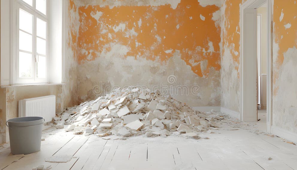 Kitchen Demolition with Pile of Tile Debris and Construction Garbage ...