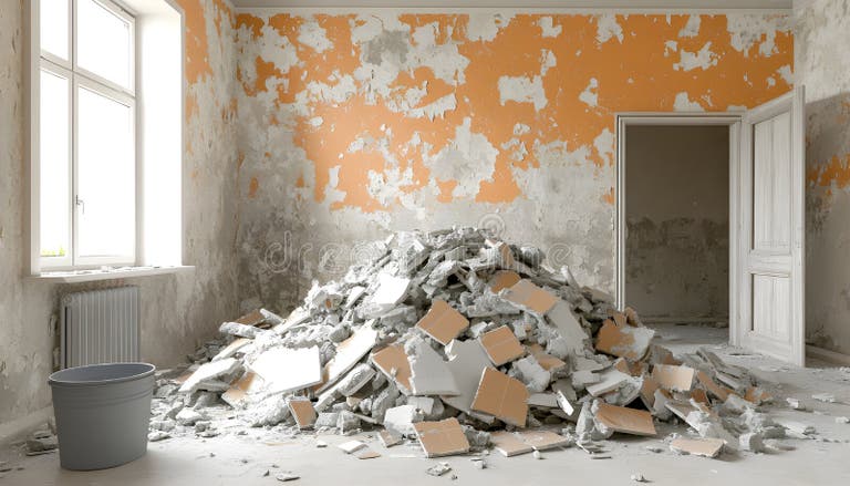 Kitchen Demolition with Pile of Tile Debris and Construction Garbage ...