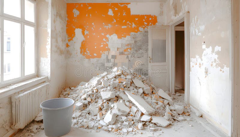 Kitchen Demolition with Pile of Tile Debris and Construction Garbage ...
