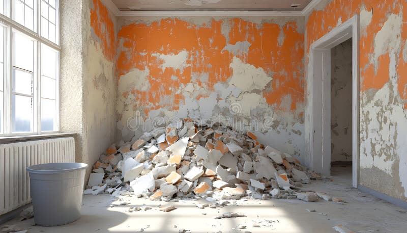 Kitchen Demolition with Pile of Tile Debris and Construction Garbage ...