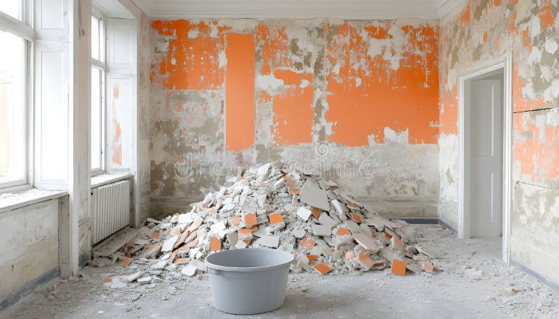 Kitchen Demolition with Pile of Tile Debris and Construction Garbage ...