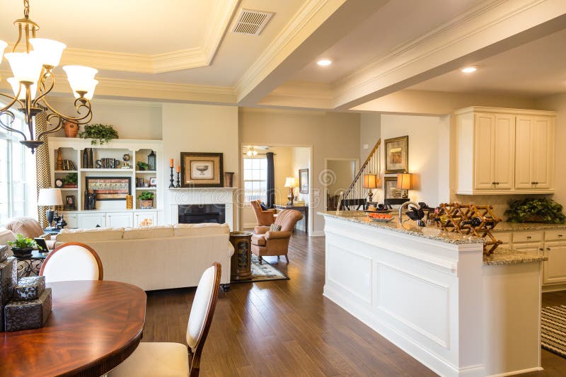 Kitchen Den and Dining Room in New Home Stock Photo - Image of ...