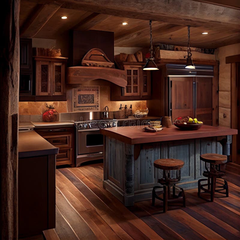Kitchen Design in a Country House Made in Wood Stock Illustration ...