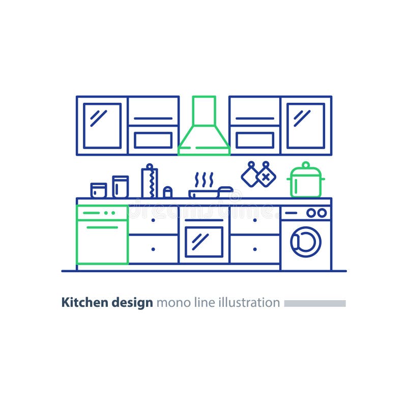 Kitchen Interior Design, Furniture Set, Arrangement Plan Stock Vector ...