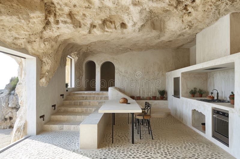 A Kitchen and Dining Area in a Cave-like Home with Stone Walls, AI ...