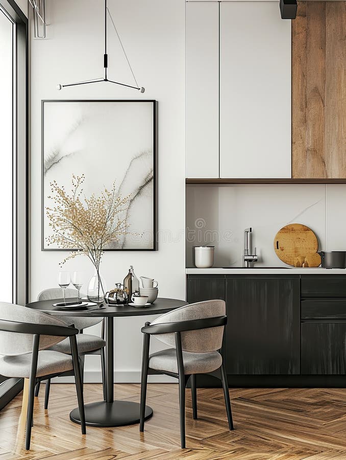 Kitchen with Dining Table and Wall Poster Mockup, Interior Mock Up with ...