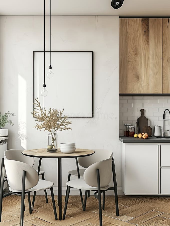 Kitchen with Dining Table and Wall Poster Mockup, Interior Mock Up with ...