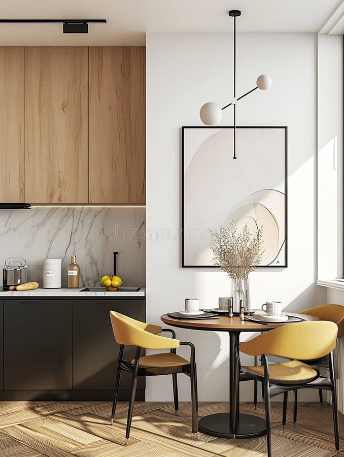 Kitchen with Dining Table and Wall Poster Mockup, Interior Mock Up with ...