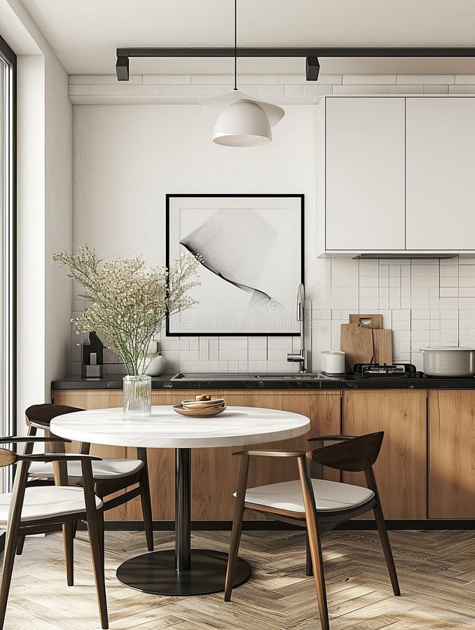 Kitchen with Dining Table and Wall Poster Mockup, Interior Mock Up with ...