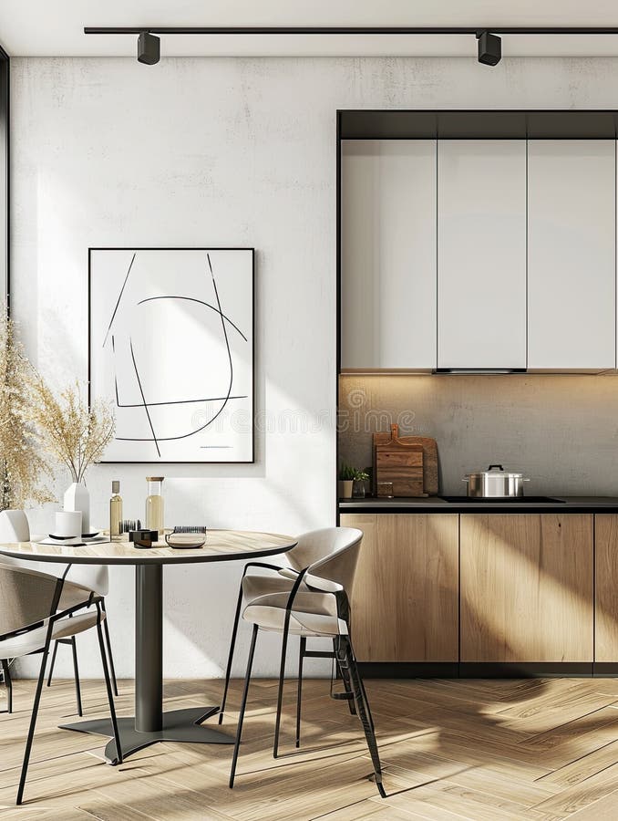 Kitchen with Dining Table and Wall Poster Mockup, Interior Mock Up with ...