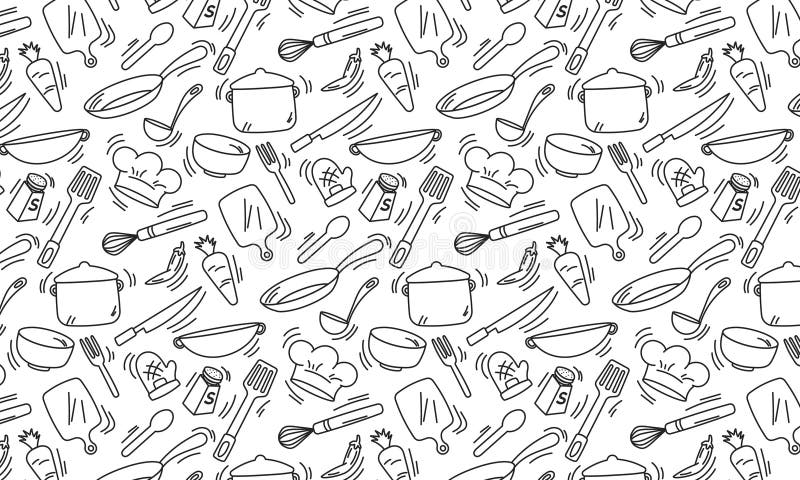 Kitchen Doodle Seamless Pattern Backround Hand Drawing Cooking Icon ...