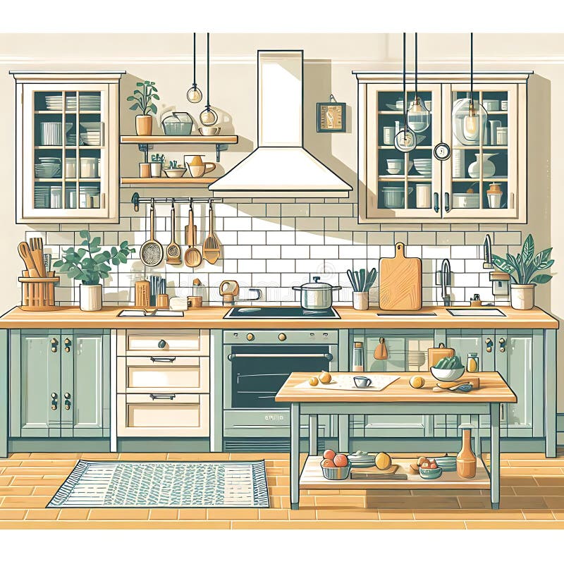 Kitchen in Drawing Style, Interior Room Design Concept Stock ...