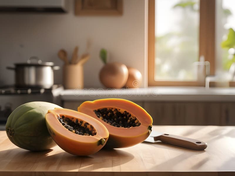 Kitchen Elegance: Papaya Bathed in Afternoon Light on a Rustic Cutting ...