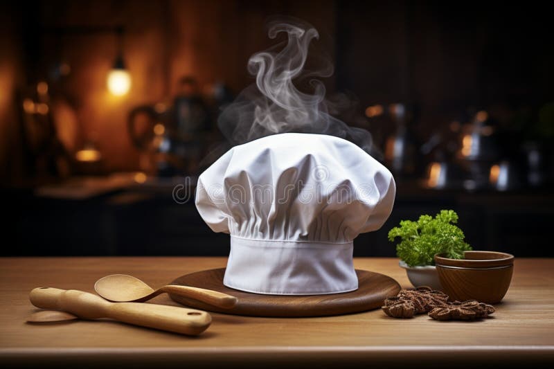 Kitchen Elegance White Cook Hat on a Table with Copy Space Stock ...