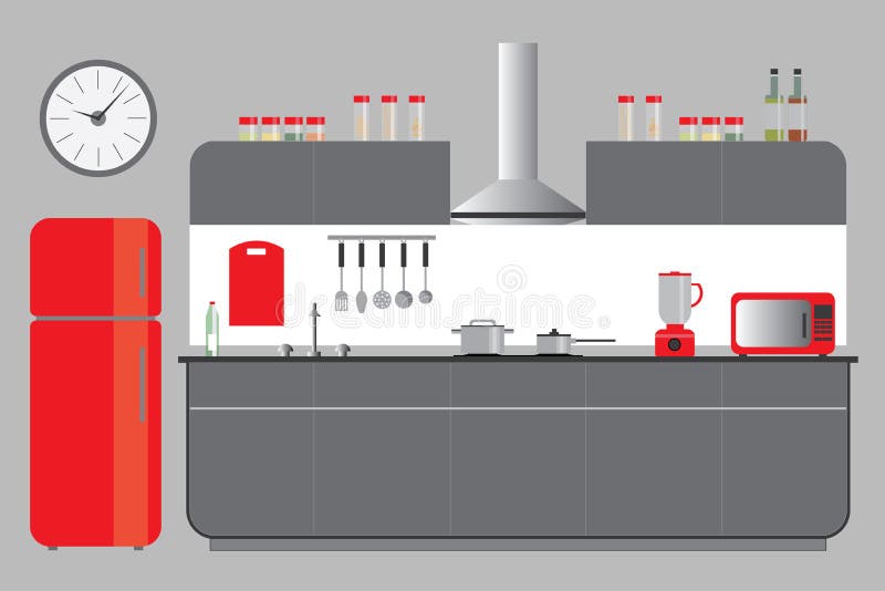 Kitchen Elevation with Cabinets Fridge Hood Microvawe. Flat Vector ...
