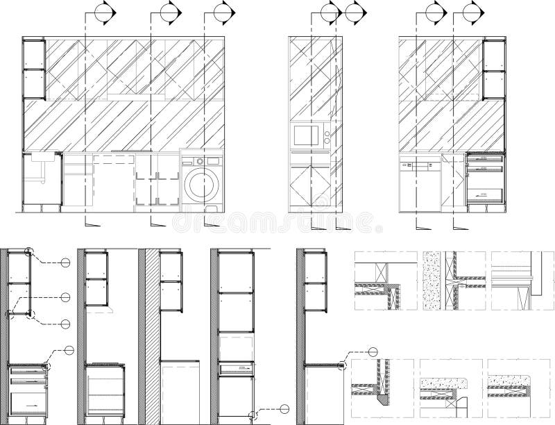 Kitchen Elevation Drawing with Wall Cabinet Section Detail - 2D Vector ...