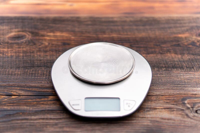 Kitchen Empty Scales on Brown Wooden Table Stock Image - Image of wood ...
