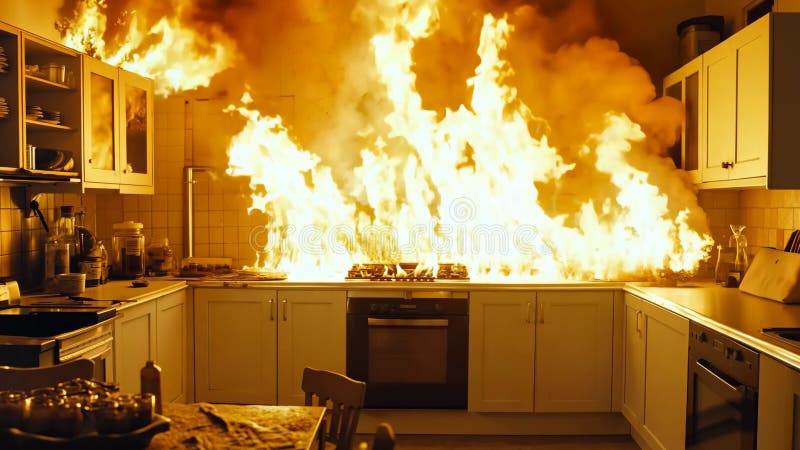 A Kitchen with a Large Fire Coming Out of the Oven Stock Footage ...