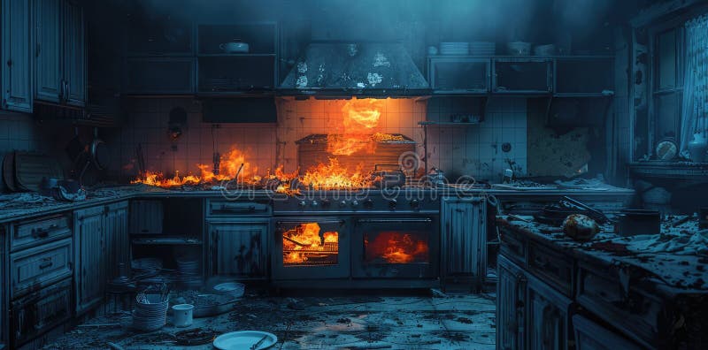 A Kitchen Engulfed in Flames Creates a Scene of Destruction and Chaos ...