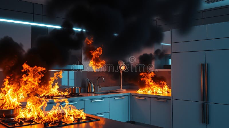 Kitchen Engulfed in Flames, Smoke Billowing. a Serious House Fire with ...