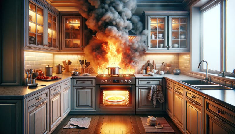 Kitchen Engulfed in Flames with Smoke and Fire Damage Stock ...