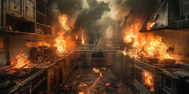 A Kitchen is Engulfed in Flames and Smoke, Showcasing the Aftermath of ...