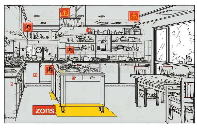 Kitchen Environment Highlighting Labeled Hazardous Zones with Center ...