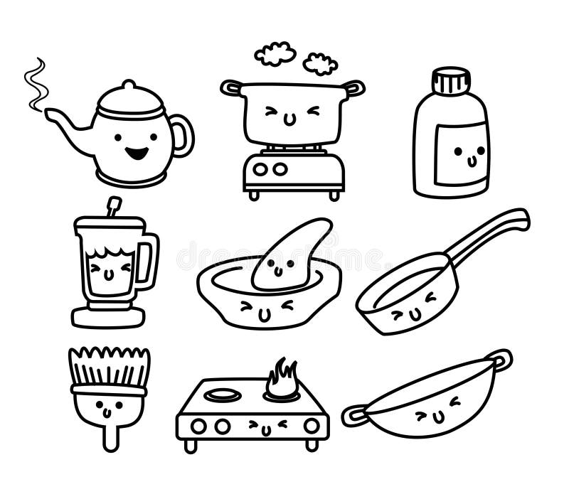 Kitchen Equipment in Kawaii Doodle Stock Vector - Illustration of ...