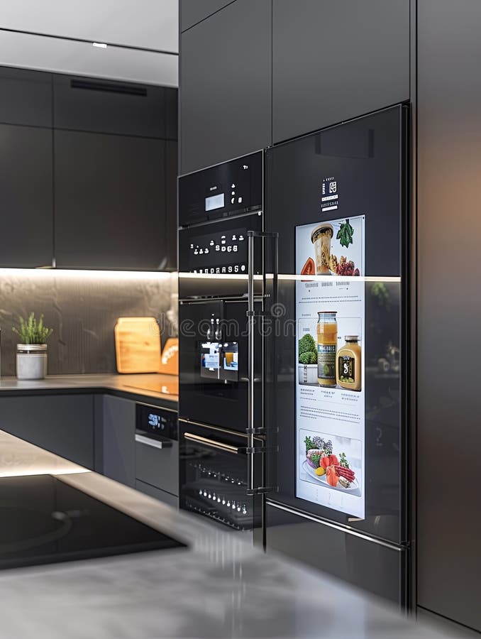 The Kitchen is Equipped with a High-tech Refrigerator Displaying ...