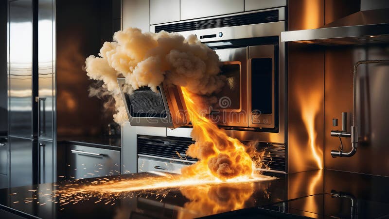 Kitchen Explosion with Fire and Smoke in Modern Oven Stock Illustration ...