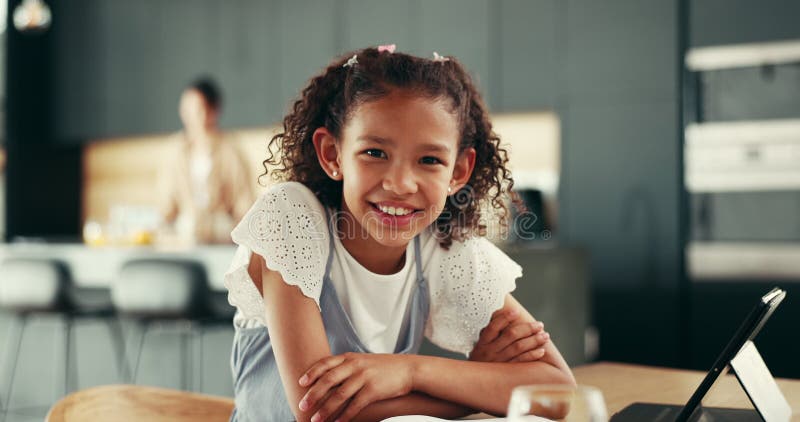 Kitchen, Face and Child with Tablet, Education and Smile for Knowledge ...