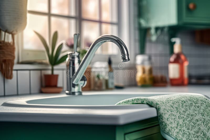 A Kitchen Faucet Gleams Against the Backdrop of a Beautiful Kitchen ...
