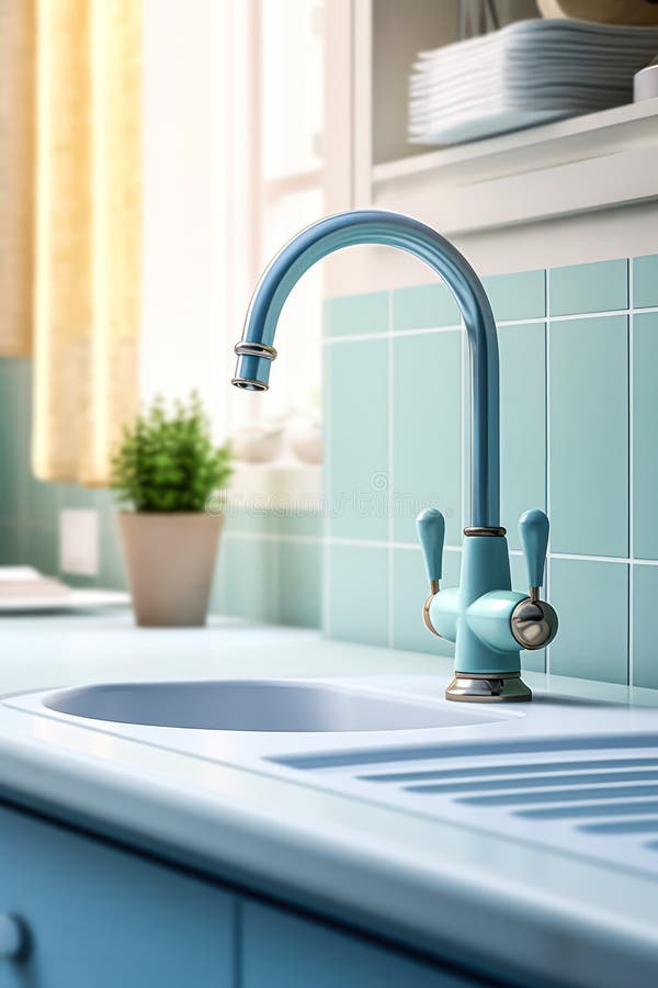 A Kitchen Faucet Gleams Against the Backdrop of a Beautiful Kitchen ...