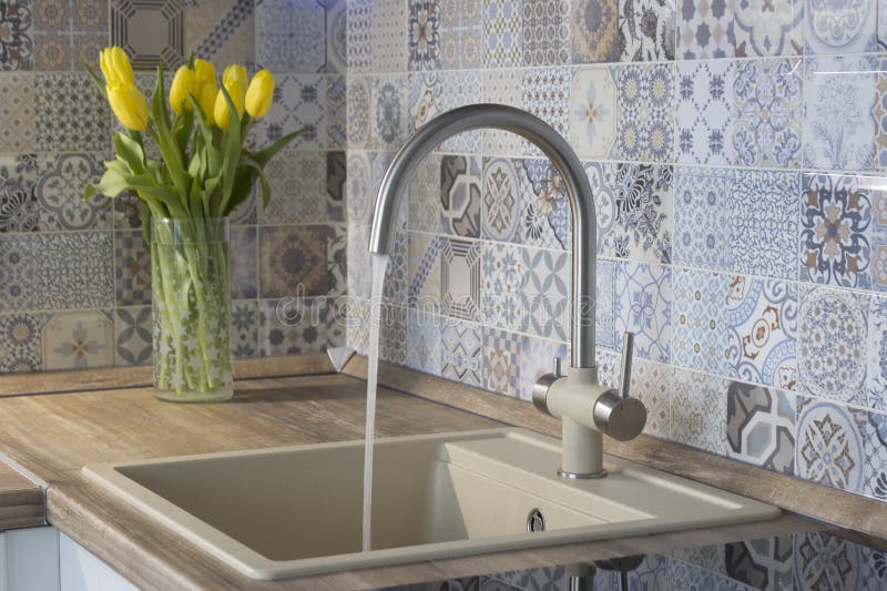 Kitchen Faucet and Water Flow Stock Photo - Image of decoration ...