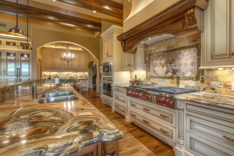 This Kitchen Features Granite Countertops and a Wooden Ceilinging Stock ...