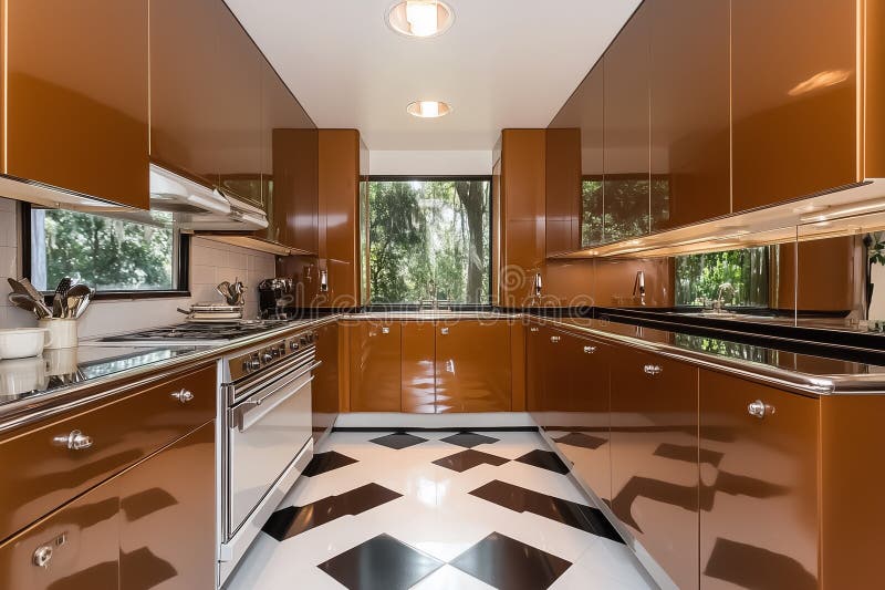 A Kitchen Features Mocha Mousse Cabinets and Chrome Countertops with a ...