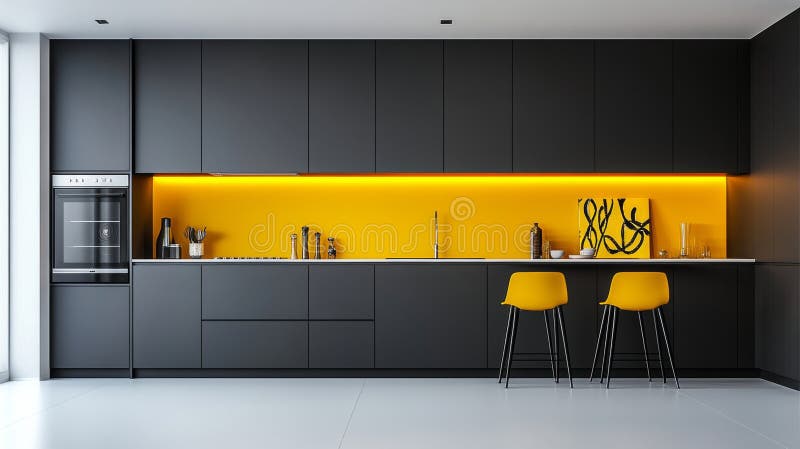 The Kitchen Features a Modern Island, an Abstract Art Wall, and a View ...