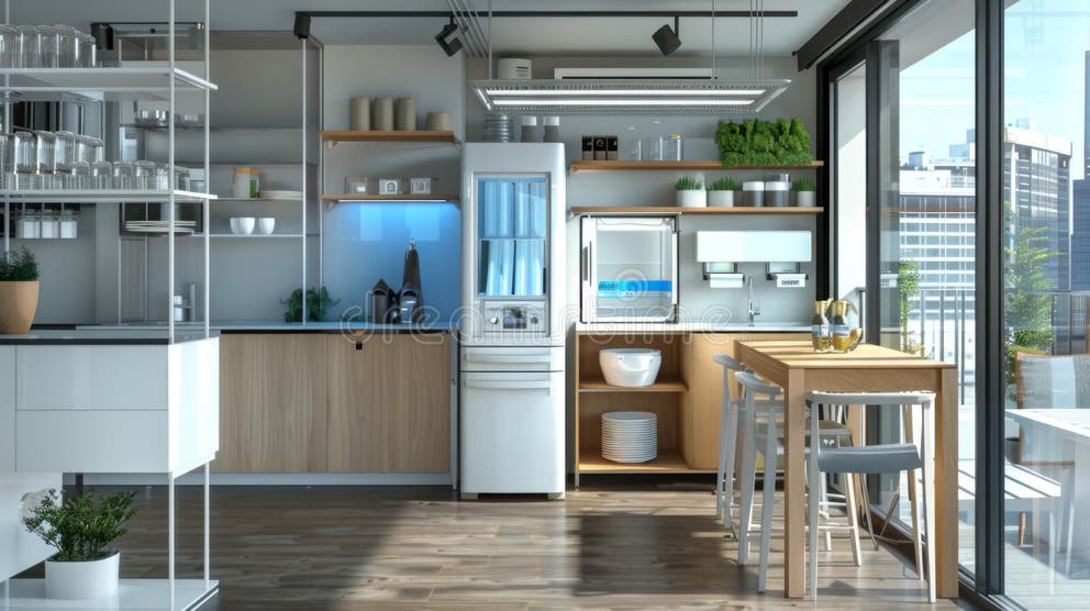 Fully Equipped Kitchen with Table, Chairs, and Refrigerator Stock Photo ...