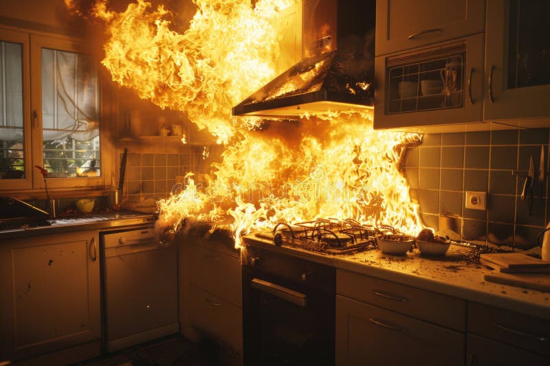 A Kitchen Filled with Fire Next To a Stove. Ideal for Fire Safety ...