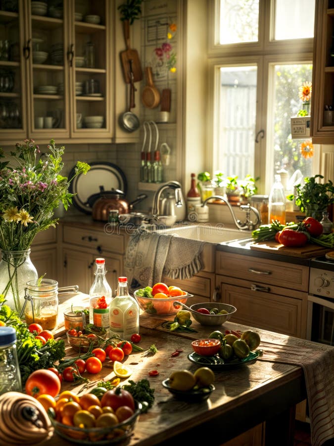 Kitchen Filled with Lots of Different Types of Food on Counter Top ...