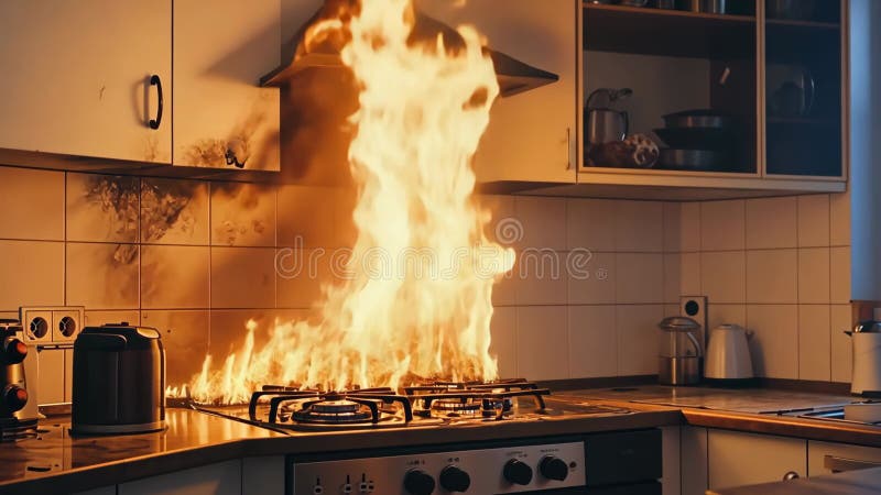 Kitchen Fire Causing Flames To Engulf Stove Area during Evening Cooking ...