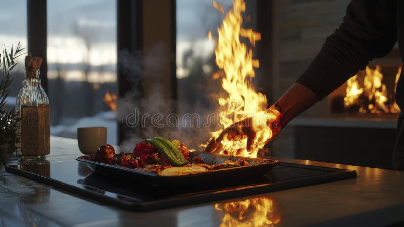 Kitchen Fire Incident Home Cooking Modern Environment Close-up View ...