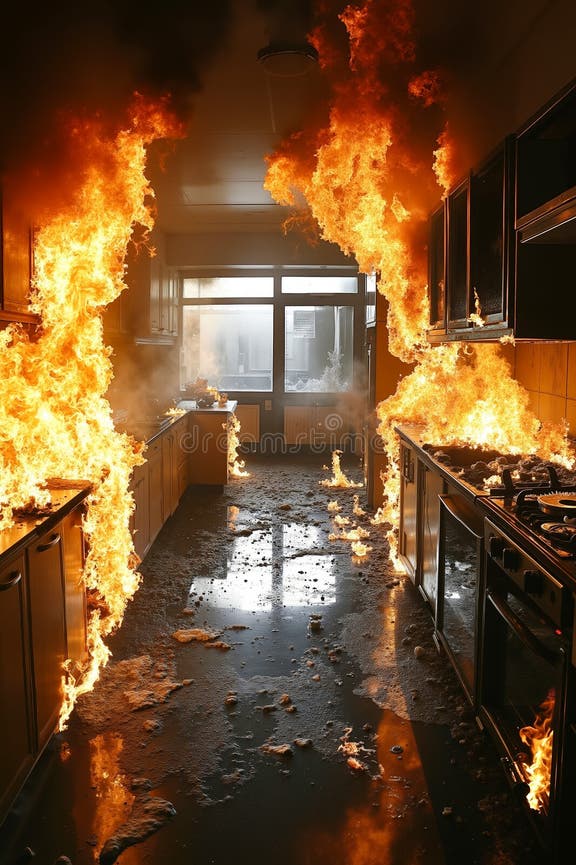 A Kitchen on Fire in the Middle of a Kitchen Stock Image - Image of ...