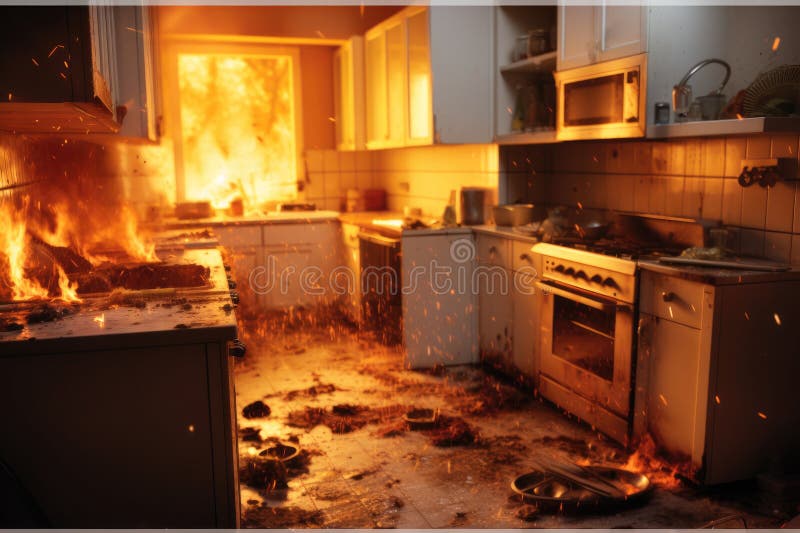 Kitchen Fire, Fire Raging in Domestic Kitchen Stock Illustration ...